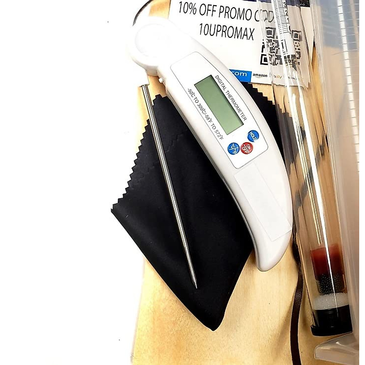 Upromax Deluxe Gift Brewing Set Hydrometer Alcohol 0-200 Proof, Unbreakable Jar, Test Tube, Digital Thermometer, Cloth Luxury Wooden Box Liquor & Spirits Lovers Distilled Alcohol Set Digital Scale