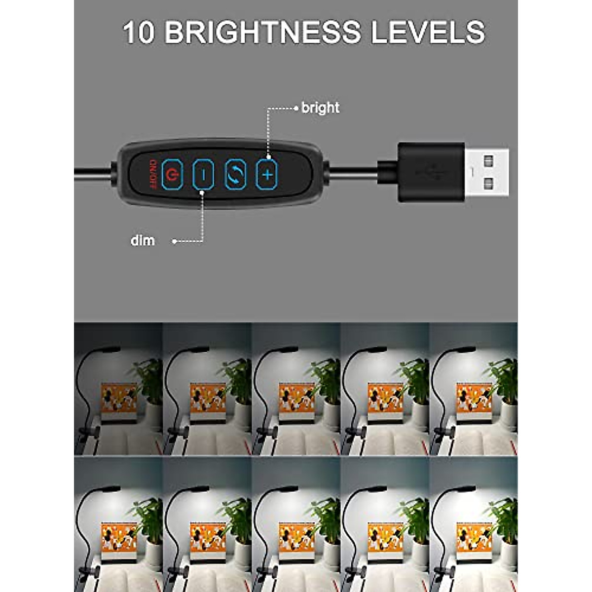 Clip on Light Reading Lamp, 48 LED Clamp Lamp with 3 Color Modes, 10 Dimmable Brightness, 360° Flexible Gooseneck Desk Lamp, Eye Protection Book Clamp Light for Video Conferencing Desk Bed Headboard