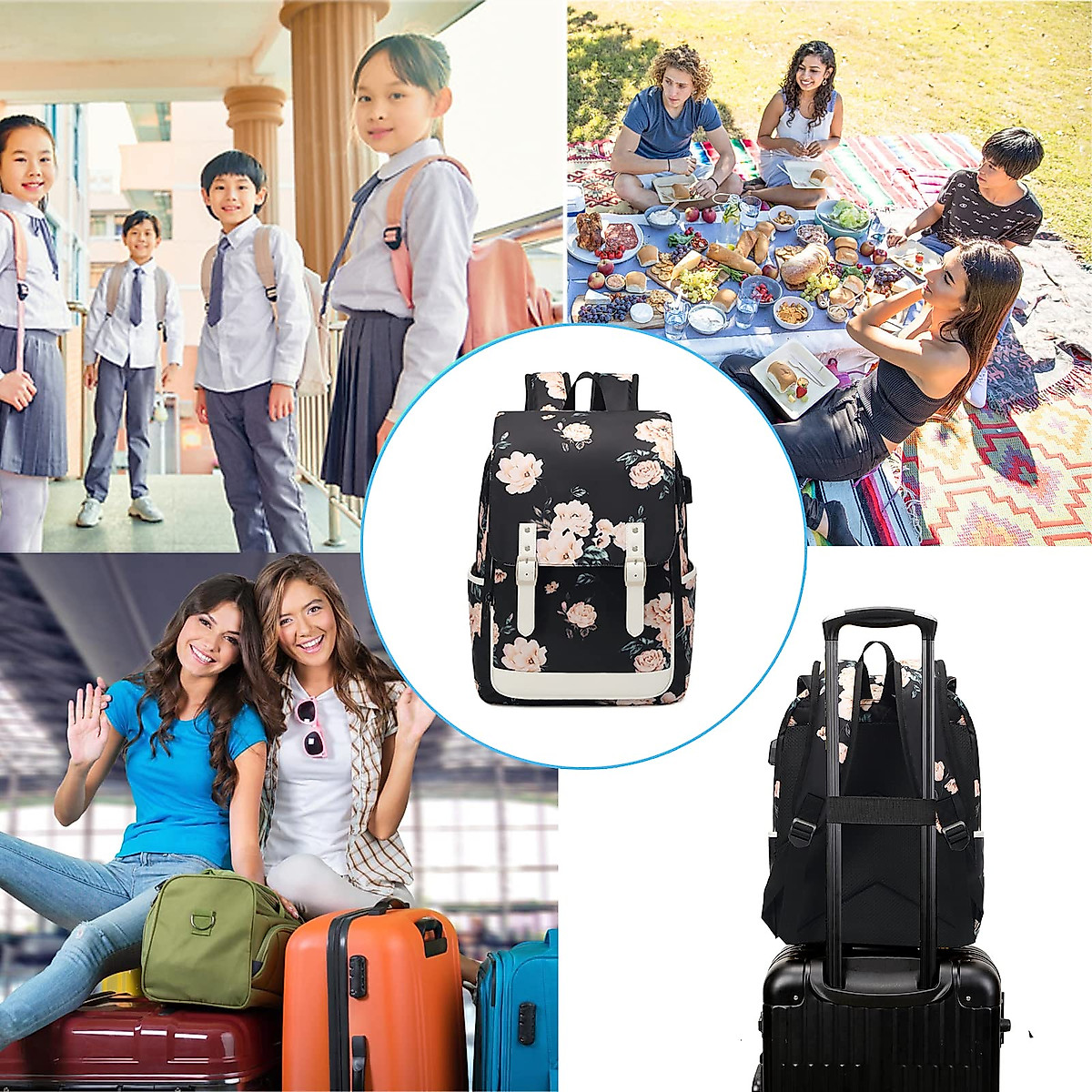 Pawsky Laptop Backpack for Women Girls, Stylish College School Backpack with USB Charging Port Water Resistant Casual Daypack, Floral