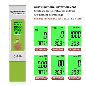 EC Meter 5-in-1 TDS Meter, SG Meter, Salinity Tester,Temp Meter.TDS Meter Digital Water Tester with Horizontal Display,ATC,PPM Meter for Farming,Pools,Drinking Water