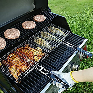 AIZOAM Grill Basket Stainless Steel BBQ Grilling Basket Large Folding Grill Basket with Removable Handle. Grill Basket for Fish,Vegetables Great Useful BBQ Accessories Grilling Gifts for Men Dad