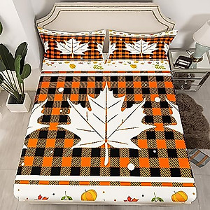 Feelyou Thanksgiving Decor Bed Sheet Set Twin Size with 1 Pillow Case Thanksgiving Day Bed Sheets Fall Pumpkin Decor Bedding Set Maple Leaf Flat Sheet for Kids Adults