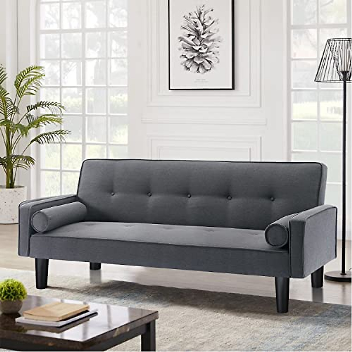 Hooseng Modern Futon Sofa Bed, Upholstered Convertible Folding Sofa Couch with 2 Bolster Pillows, Button Tufted Fabric Couch for Small Spaces, Living Room, Lounge, Apartment, Office, Blue