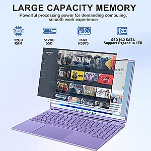 Ruzava/Aocwei 16" Laptop 12+512GB Celeron Intel N5095 (Up to 2.9Ghz) 4-Core Win 11 PC with Cooling Fan 1920 * 1200 2K Screen Dual WiFi Support 2.5" HDD 1TB SSD Expand for Game Work Study-Purple
