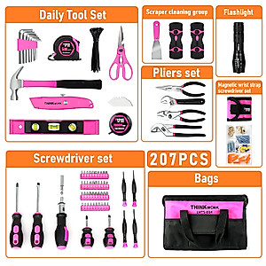 THINKWORK Pink Tool Set - 207 Piece Lady's Portable Home Repairing Tool Kit with 13'' Wide Mouth Open Storage Tool Bag, Perfect for DIY, Home Maintenance - Christmas Gift for Women, LHTS-034