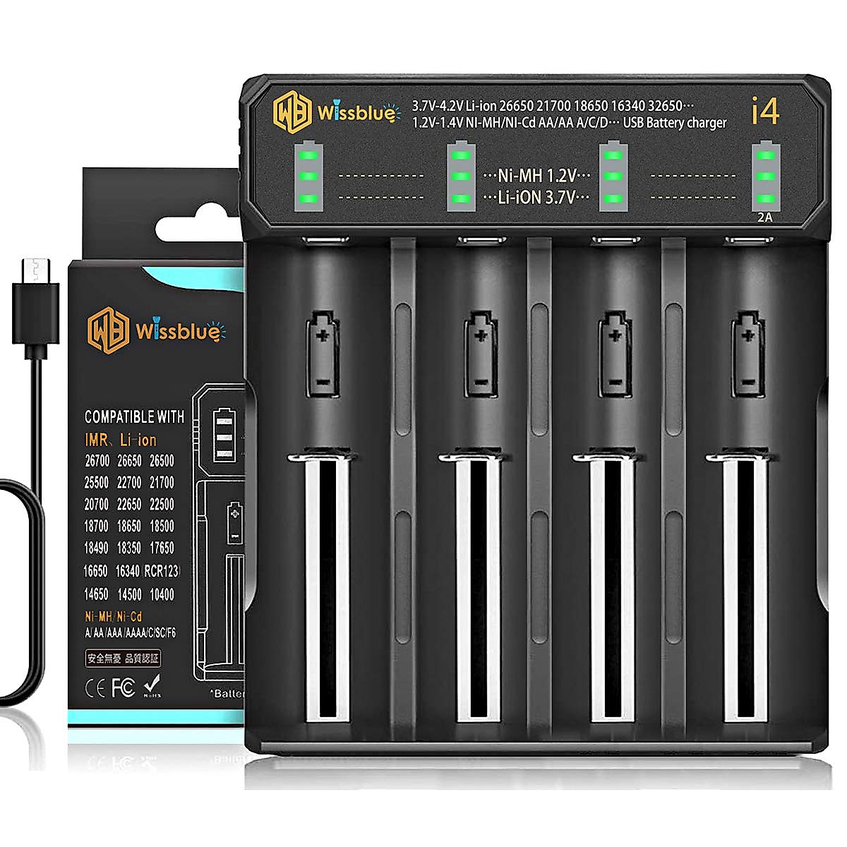 WISSBLUE 18650 Battery Charger 4port, 3.7v/1.2v 2A Fast Charger for 26650 18650 18490 18350 17670 17500 16340 14500 Li-Ion Batteries, RCR123A, Ni-MH Ni-Cd A AA AAA