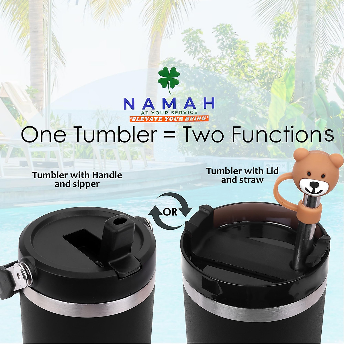 30 oz Stainless Steel Vacuum Insulated Tumbler with Handle Lid and Straw Leak and Spill Proof Travel Tumbler Cup with 2 Lids and Teddy Straw Cap Water Tumblers for Women and Men 890 ml