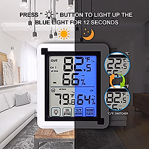 AUING Hygrometer Indoor Outdoor Thermometer Wireless Temperature Gauge Meter and ​Humidity Monitor with Touchscreen and Waterproof Outdoor Temperature Monitor,200ft/60m Range