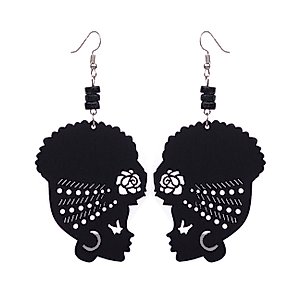 Wooden Flower Turban African Woman Head and Bead Dangle Hook Earrings - Black, Black Bead