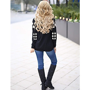 Blooming Jelly Women's Color Block Plaid Shirt Crewneck Sweatshirt Elbow Patches Pullover Sweatshirt Top (Large, Black White Plaid)