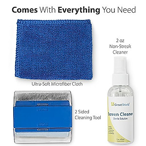 GreatShield Universal Screen Cleaning Kit, Microfiber Cloth + 2 Sided Brush + Non-Streak Solution Spray [for TV, Laptops, PC Monitors, Smartphones, Tablets, Camera, Keyboard and Other Electronics]
