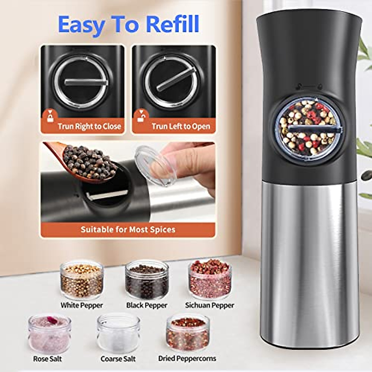 2023 Upgraded Electric Salt and Pepper Grinder Set Rechargeable, Automatic Salt and Pepper Grinder with LED Light, Adjustable Coarseness One Hand Operation Gravity Pepper Mill Grinder Refillable