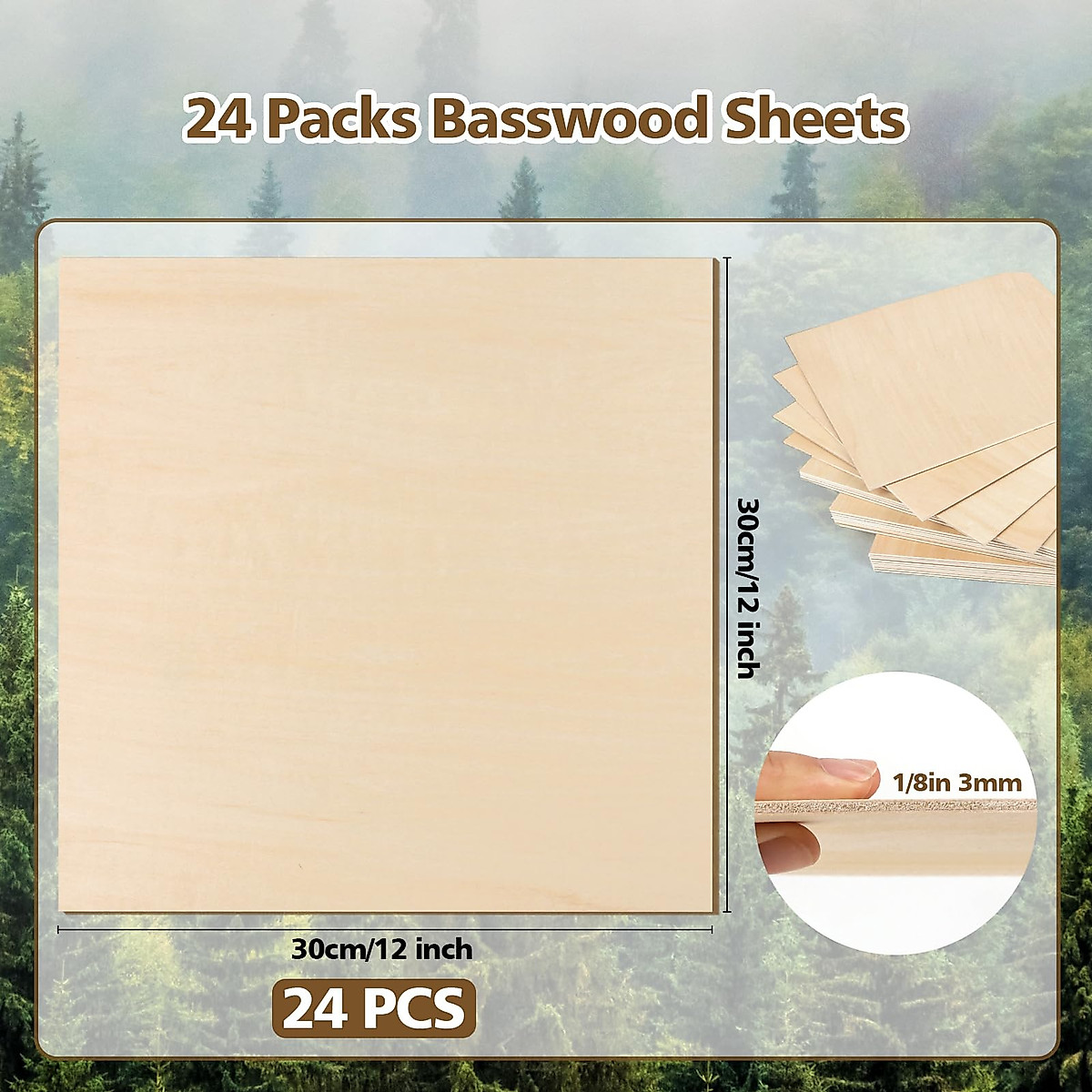 Adrattnay Basswood Sheets 1/8 x 12 x 12 inch - 3mm Basswood Sheets Plywood Sheets Laser Wood, 24Pcs Square Unfinished Wood Board for DIY Crafts, Laser Cutting, Wood Burning, Painting, Model Carving