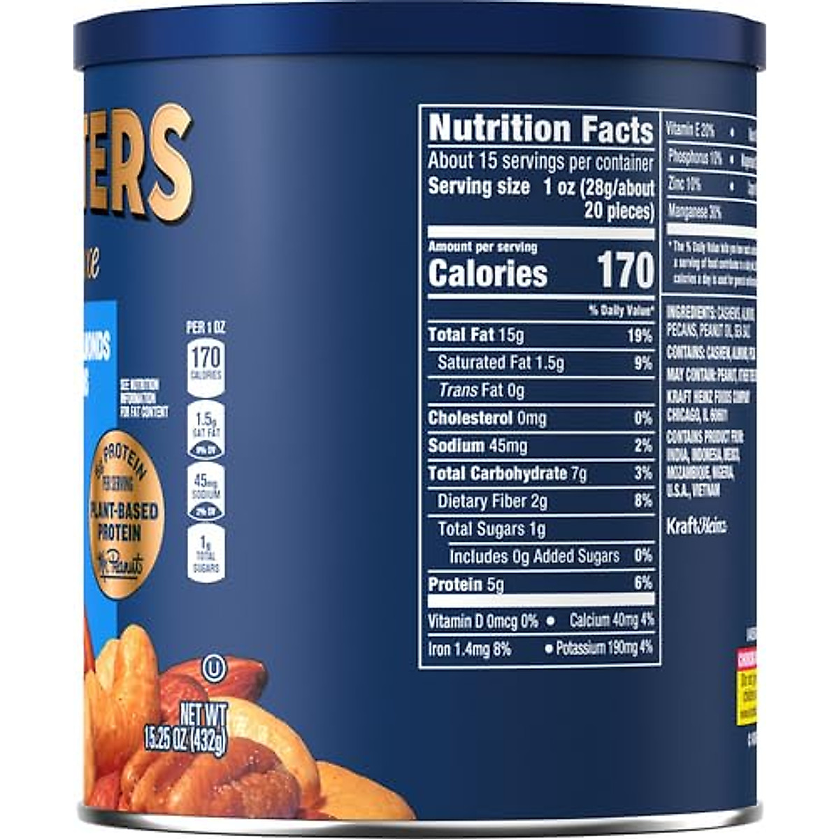 PLANTERS Deluxe Cashews, Almonds & Pecans, Party Snacks, Plant-Based Protein, 15.25 Oz Canister