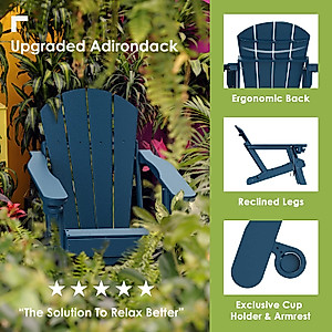 GREENVINES Adirondack-Chairs-with-Ottoman | Set of 2 | Folding | Retractable-Footrest | HDPE Plastic | All Weather Fire Pit Chair | Cup Holders | Blue | for Outdoor Poolside