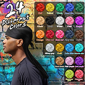 28 Pcs Silky Durags Set Includes 24 Satin Durag for Men Women Long Tail Headwraps with 4 Elastic Wave Cap (Assorted Color)