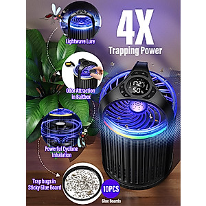 Fruit Fly Traps for Indoors, Smart Fly Trap Indoor with Temperature & Humidity Sensor, Flying Insect Trap for Plants Moths Mosquitoes Gnat Traps with Suction, Bug Lights and 10 PCS Refill - Black