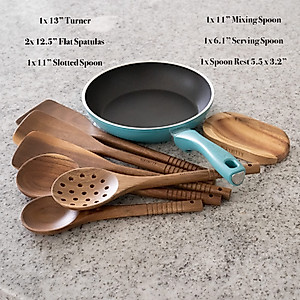 VERY NITTY Very Beautiful Kitchen Utensil Set, 7pc Wooden Cooking Utensils, Spoons and Spatula Set with Spoon Rest. Wood Kitchen Gadgets, Tools and Supplies for Cooking, Baking, Mixing and Salad Bowl