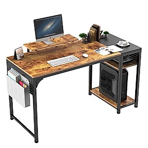 DESIGNA 55 Inch Home Office Computer Desk with Monitor Stand Storage Shelves, Study Writing Moder PC Computer Gaming Desk Large Workstation with 2 Hooks & Storage Bag,Easy Assembly，Rustic Brown/Black