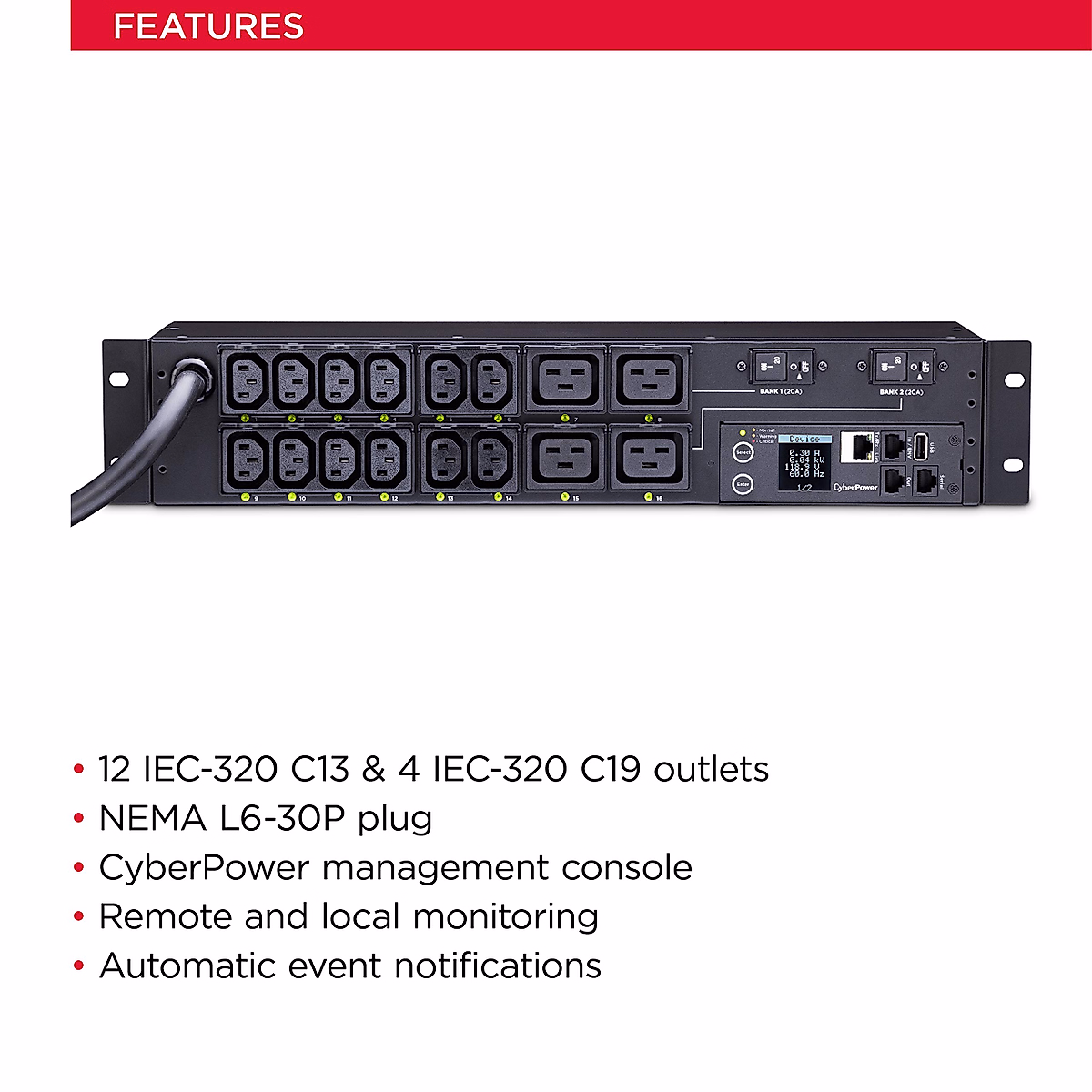 CyberPower PDU41008 Power Distribution Unit Switched 200-240V, 30A (Derated to 24A) 16 Outlets, 2U Rackmount