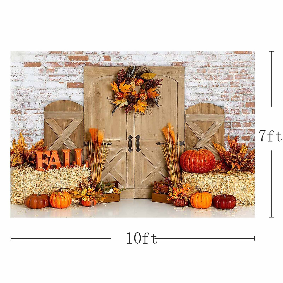 AIBIIN 10x7ft Fall Thanksgiving Backdrop for Photography Autumn Pumpkin Harvest Barn Brick Wall Background Rustic Wooden Door Haystack Landscape Maple Wreath Portrait Photoshoot Prop Studio Banner
