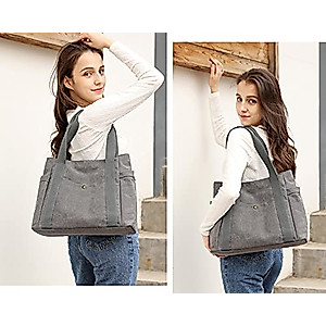 Women's Canvas Tote Handbags Multi-pocket Retro Casual Shoulder Bag Top Handle Satchel Tote Purse Gray