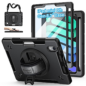 Case for iPad Mini 6 2021: Military Grade Shockproof TPU Protective Cover for Kids iPad Mini 6th Generation 8.3 Inch with Screen Protector- Stand + Handle + Shoulder Strap + Pencil Holder- Black