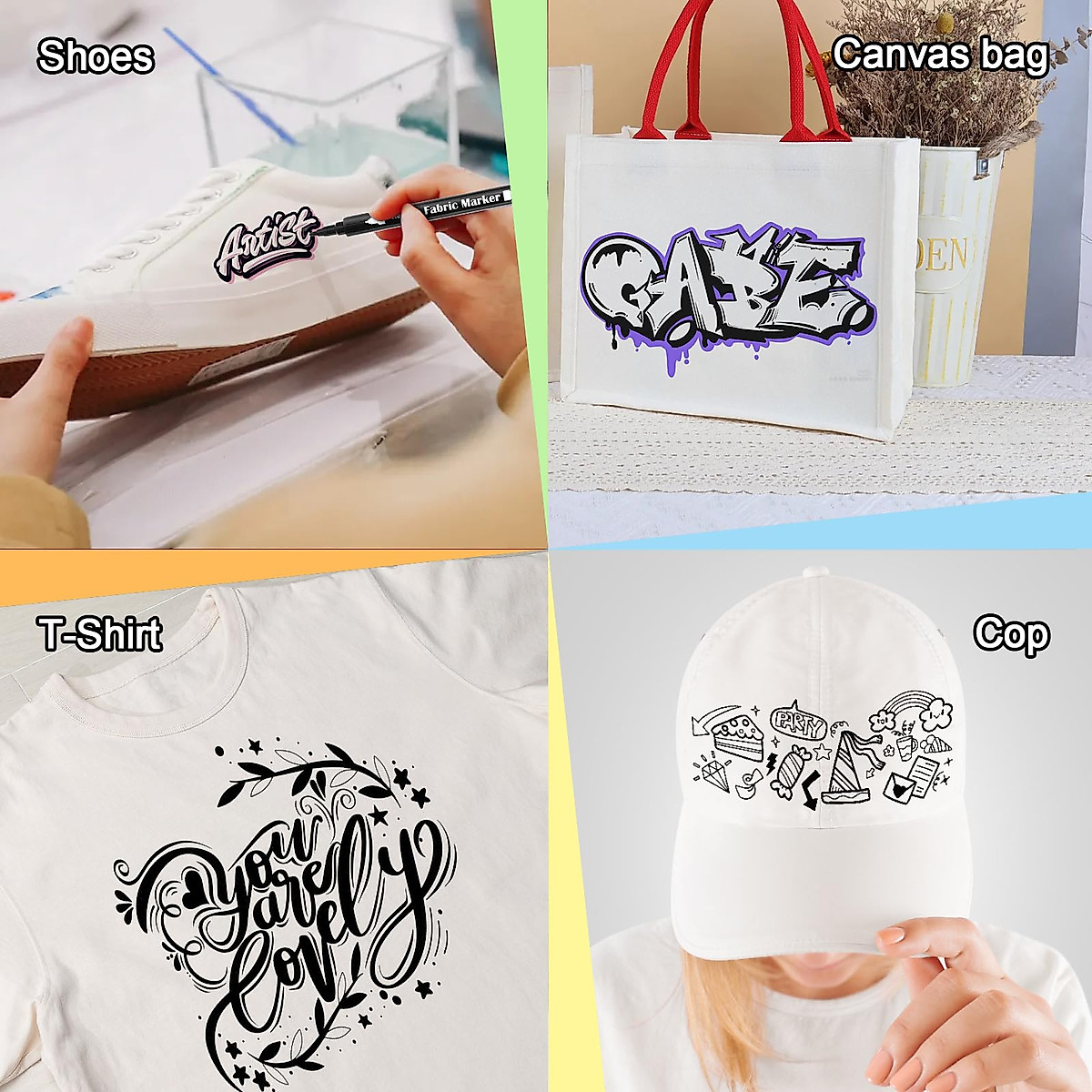 Reaeon Black Fabric Markers, Dual Tip Fabric Paint Markers, Permanent Fabric Pens for Clothes, T Shirts, Canvas, Bags (6pack)