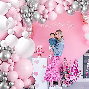 Felice Arts Birthday Baby Shower Balloon Arch Pink and White Different Size Balloons Garland Kit Latex Balloons Silver Chrome Balloons for Wedding Bridal Baby Shower Party Decoration
