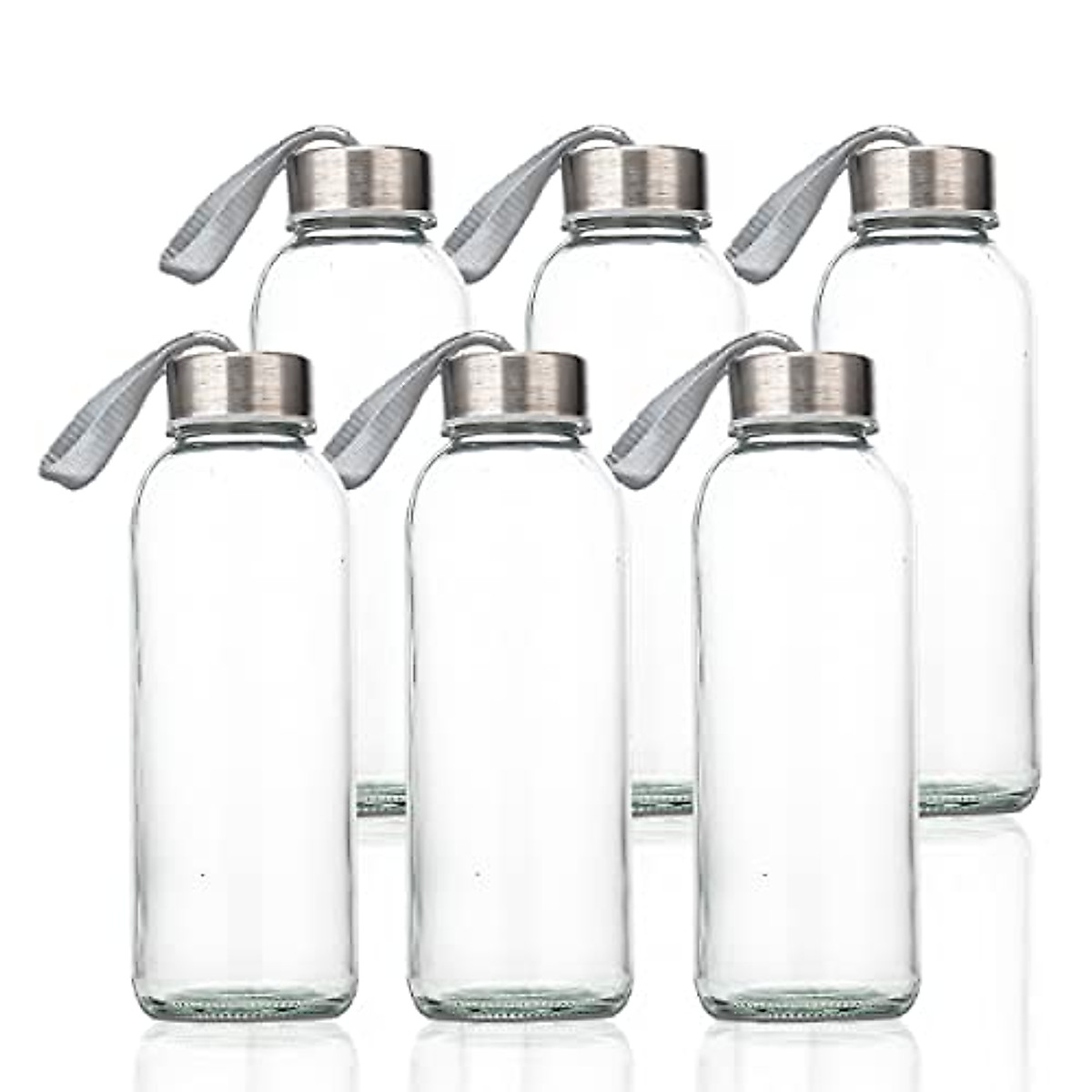 SureSave Glass Water Bottles with Stainless Steel Lids and Sleeves | 16 Oz Reusable Glass Bottles with Carrying Loop for Eco-Friendly Travel Drinks and Beverages (6 Pack)