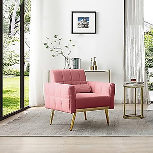 Penifun Teddy Accent Modern Side Gold Legs & Waist Pillow, Single Sofa Couch Armchair Reading Chairs for Living Waiting Room Bedroom Pink