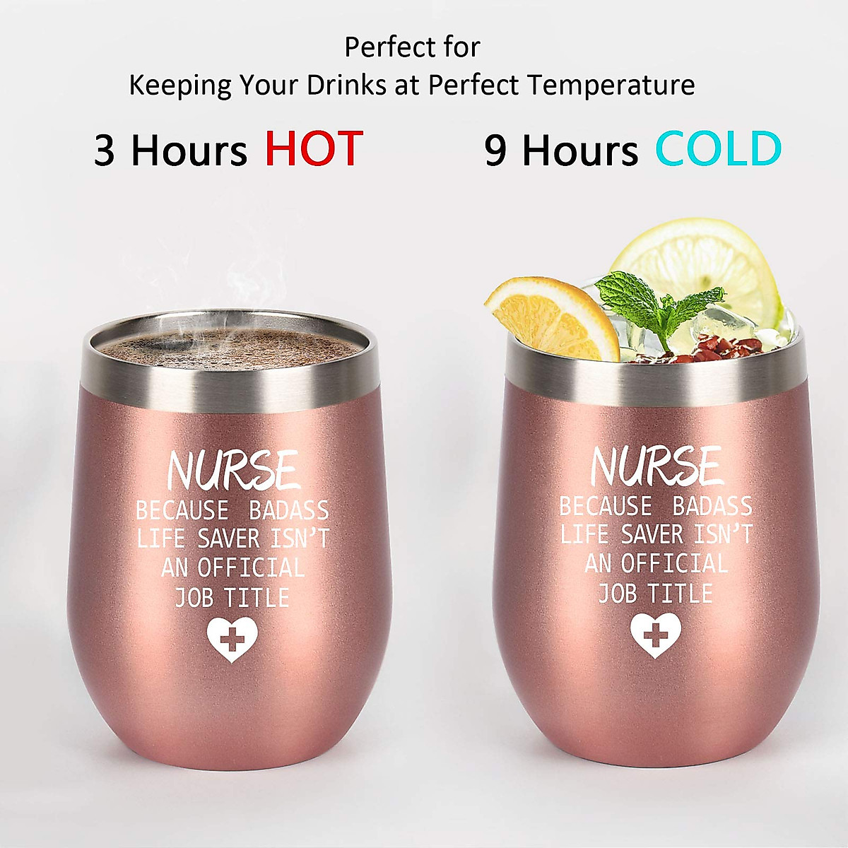 Qtencas Nurse Appreciation Gifts for Women, Nurse Because Badass Stainless Steel Wine Tumbler with Lid, Funny Birthday Christmas Gifts for Nurse Friends Coworkers Sister(12oz, Rose Gold)