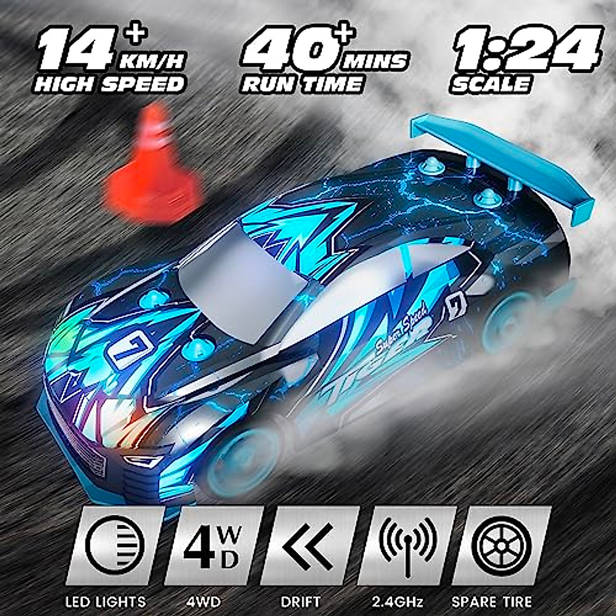 Tecnock Rc Drift Car for Kids, 2.4GHz 4WD Remote Control Car for Boys 8-12, 1/24 Rc Car with Lights and Replacement Tires, Toy Car Gifts for Boys Girls,Blue