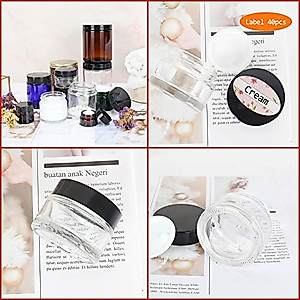 24 Pack 1oz Clear Round Glass Jars - Empty Cosmetic Containers with Inner Liners, black Lids and Glass Sample Jars with labels For Slime, Beauty Products, Cosmetic, Lotion，Powders and Ointments