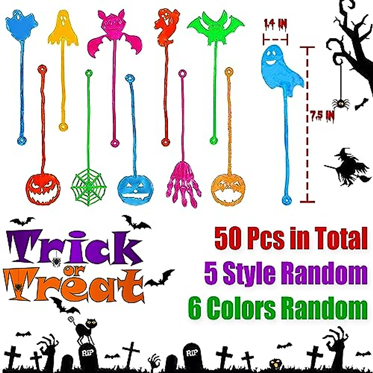 50Pcs Halloween Sticky Hands, Party Favors Toys for Kids, Sticky Stretchy Toys for Halloween Trick or Treat, Exchange Gifts, Goodie Bags, Classroom Prizes (Random)