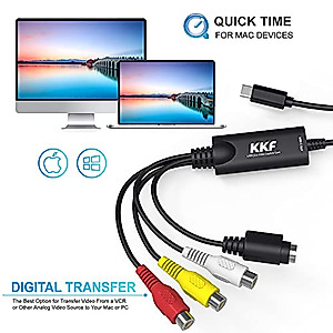 Kkf VHS to USB RCA Converter, Analog to Digital Video, Digital Video for VCR DSLR TV Box DVD Camera PS3 PS4,USB 2.0 Audio Capture Card Transfer Collector (RCA to USB C)