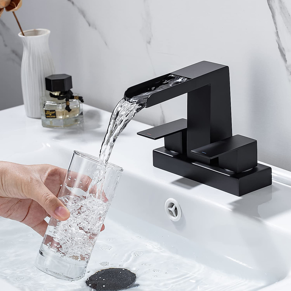 HAMOLER 4 Inch Centerset Waterfall Bathroom Faucet 2 Handle 3 Hole Basin Faucet with Pop Up Drain with Overflow, Vanity Faucet Matte Black