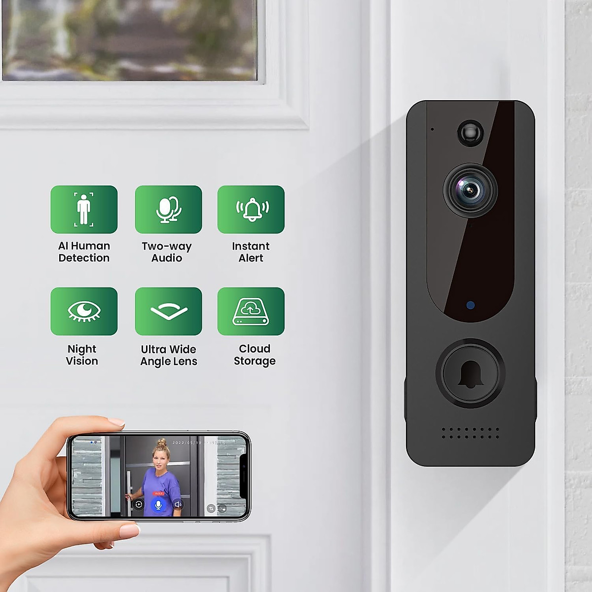 SJCODE Smart Video Doorbell with Chime Ringer, Security Camera Wireless Indoor/Outdoor and Battery Powered, 2-Way Audio, Night Vision, Human Detection, Wide-Angle Lens Surveillance