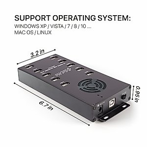 Premium Design USB 2.0 Hub - Multi-Safety Protection 10-Port Powered USB Hub 2.0 with AC Adapter - USB Splitter with Cooling Fan and Mounting Brackets - Aluminum Charging Hub for Multiple Devices