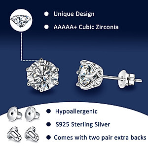 NEOSHOW 18K White Gold Plated Brilliant Cut Simulated Diamond Cubic Zirconia Sterling Silver Hypoallergenic CZ Stud Earrings for Women Men 6 Prongs Setting