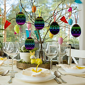 48 Pieces Scratch Paper Easter Scratch Craft Art Easter Day Ornaments Colorful Scratch Easter Day Rainbow Cutouts with 48 Wooden Sticks and 48 Colorful Ribbons for Kids Church Class (Egg)