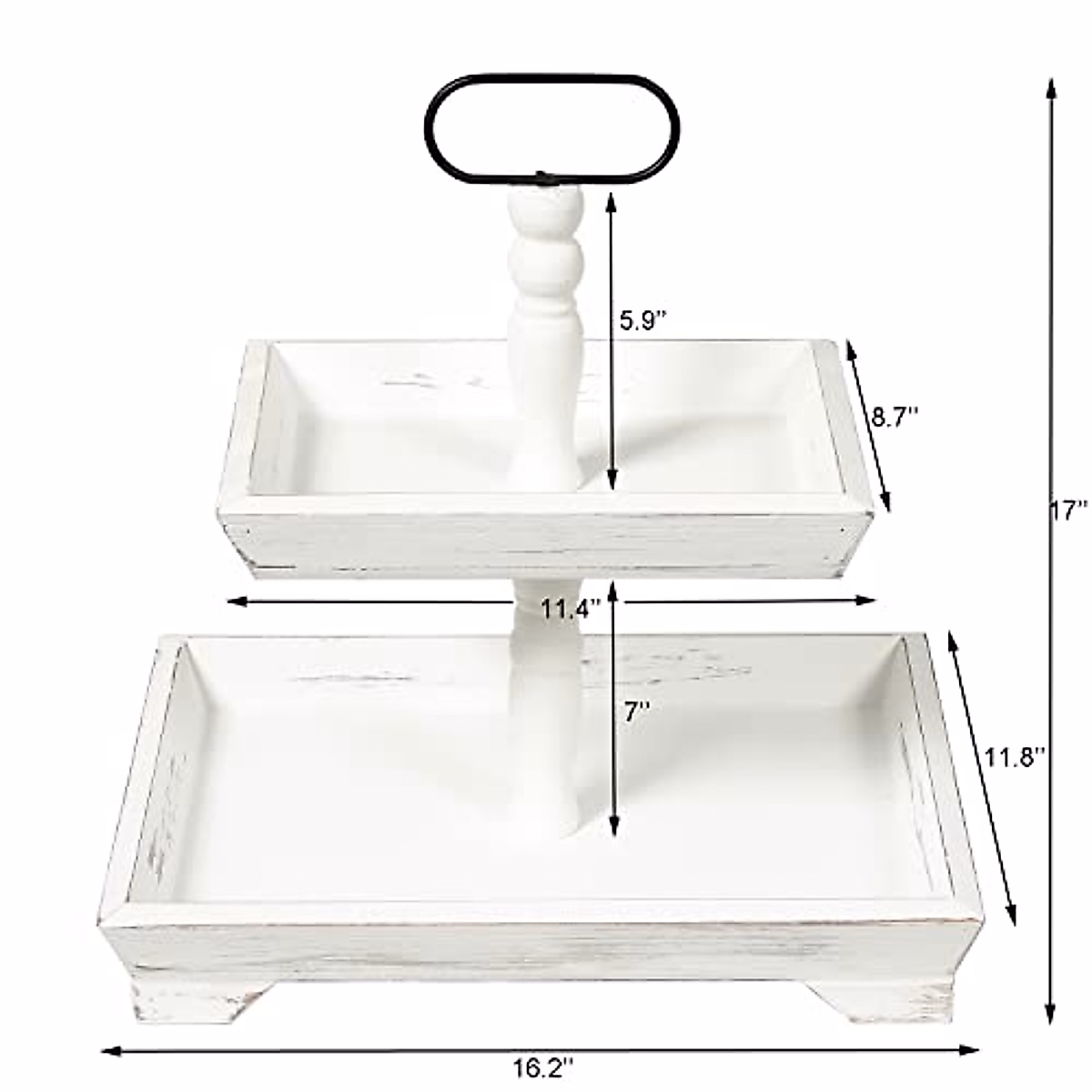 Dugunusu Farmhouse Two Tiered Tray Stand, Rectangle Rustic Wood Two Tiered Tray, Wooden Cake Stand Kitchen Tiered Tray, Decor Serving Tray for Home Farmhouse Décor (White)