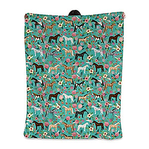 Flannel Fleece Plush Throw Blanket,Horses Floral Horse Breeds Farm Animal Pets Flowers Pattern Throw for Recliner, Air Conditioning Blanket 50x40 inch