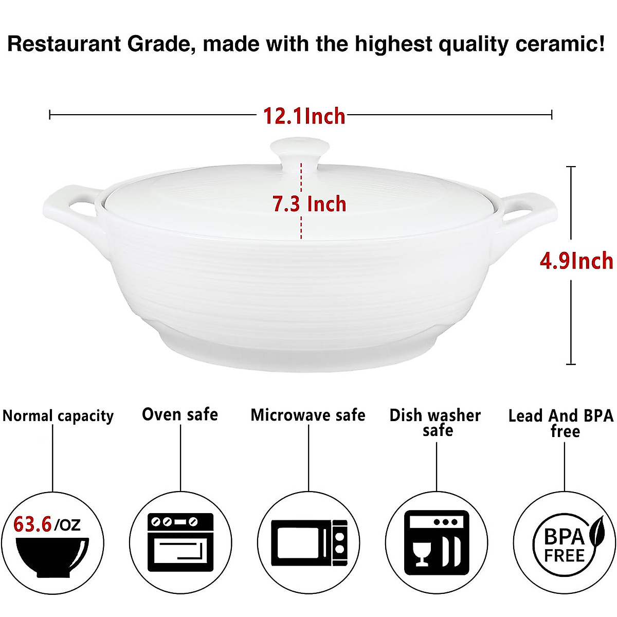 jinsongdafa Casserole Dish with Lids,1.9 Quart French White Ceramic Tureens, 12.1x7.3 Baking Dish, Serving Tureen Soup, for Casseroles, Lasagna Cookware Set, Microwave, Oven Safe