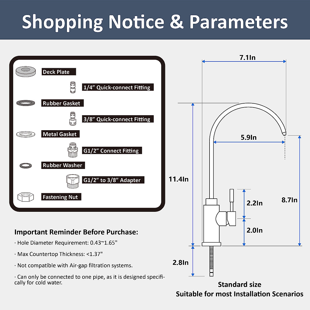 Water Filter Faucet, VMASSTONE Reverse Osmosis Faucet Fits Most RO Units or Water Filtration System in Non-Air Gap, Lead-Free Stainless Steel Drinking Water Faucet for Bar Kitchen Sink, RV (DM001 BN)