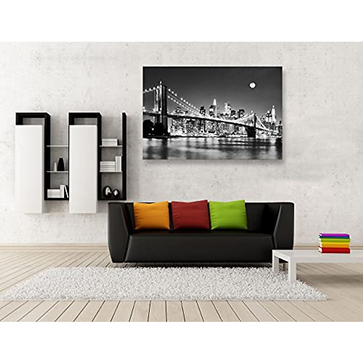 Baisuart-Q30369 Brooklyn Bridge Night View 1 Panels Landscape Artwork Canvas Prints Moon Night New York City Scene Picture Paintings Black and white Wall Art for Oiffce Home Decorations Wall Decor