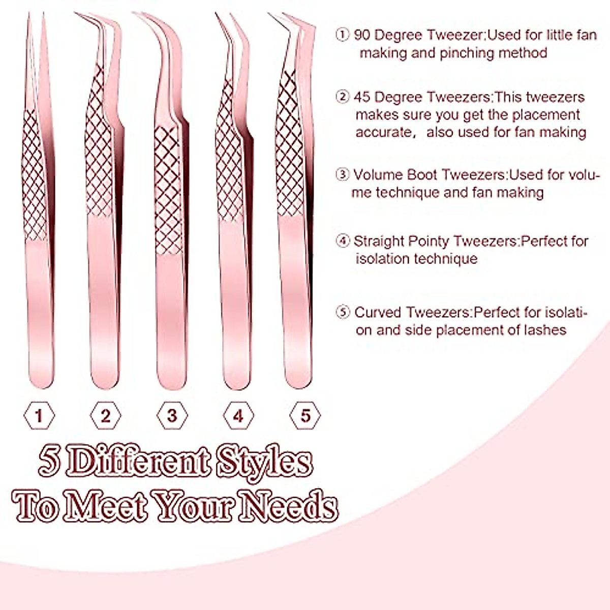 5 Pieces Eyelash Extension Tweezers Set Straight and Curved Tip False Lash Tweezers Eyelash Volume Tweezers Stainless Steel Precision Tweezers for Eyelash Extension (Rose Gold)