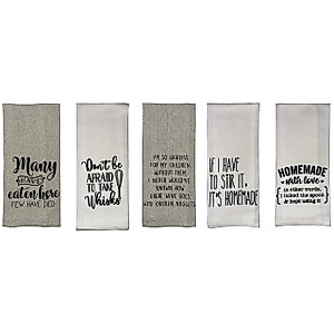 Set of 5, 100% Cotton Cooking Food Theme Saying Funny Cute Flour Sack Kitchen Towels/Dish Towels for Wedding, Baby Shower, Home Decor, Housewarming, Other Occasions Size: 15 X 25 Inch.