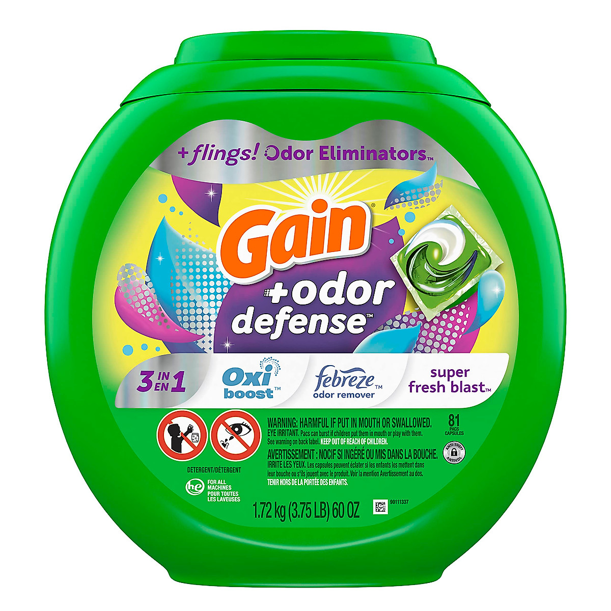 Gain Flings Laundry Detergent Pacs with Odor Defense, HE Compatible, 3in1 with Febreze and Oxi, Super Fresh Blast Scent, 81 Count