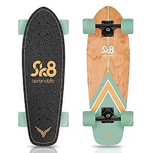 SereneLife Complete Standard Skateboard Mini Cruiser - 6 Ply Canadian & Bamboo Maple Deck Complete Double Kick Skate Board W/ 5" Aluminum Trucks - for Kids, Teens, Adults - SereneLife SL5SBGR (Aqua)